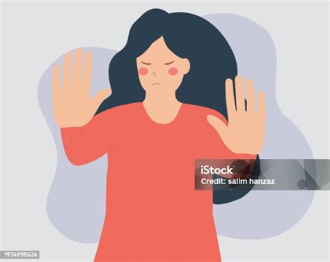 여성은 손으로 아니오라고 말하며 자신의 권리를 지킨다 여성은 동의하지 않습니다 소녀는 손을 들어 멈추라고 말했다 여성의 권리 개념 여자에 대한 스톡 벡터 아트 및 기타