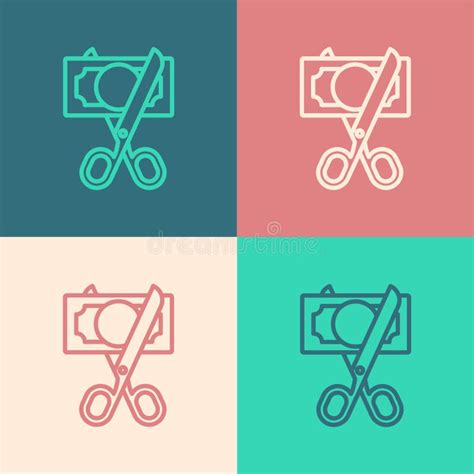 Pop Art Line Scissors Cutting Money Icon Isolated On Color Background Price Cost Reduction Or