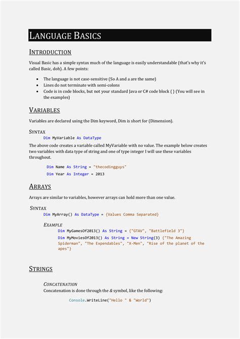 visual basic cheat sheet download printable pdf templateroller