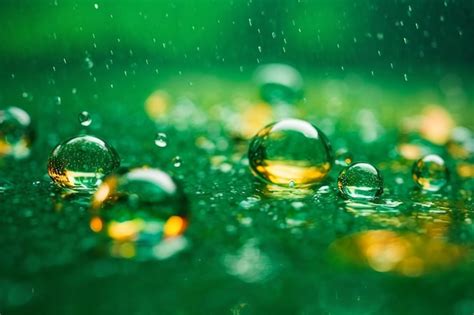 Burbujas De Agua Líquida Limpia En Tiempo Lluvioso Sobre Fondo Verde