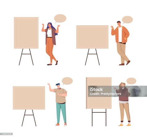 프리젠 테이션 보드 고립 흰색 배경 세트 근처에 서 있는 사람 남자 여자 캐릭터 벡터 플랫 그래픽 디자인 만화 일러스트레이션 가리키기에 대한 스톡 벡터 아트 및 기타 이미지