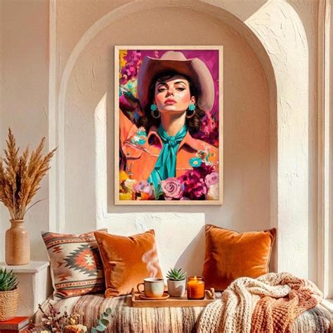 Western Cowgirl Portrait Painting Wall Art Floral Jacket Woman Boho