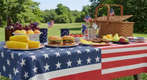 Patriotic Fourth Of July Picnic Feast Outdoors Burgers Corn Fruit
