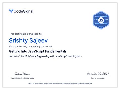 Course certificate for Getting Into JavaScript Fundamentals | CodeSignal Learn