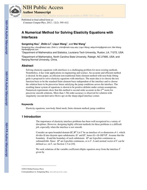 Pdf A Numerical Method For Solving Elasticity Equations With Interfaces