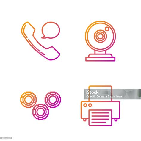 설정 라인 프린터 기어 전화 단말기 및 음성 거품 채팅 및 웹 카메라 그라데이션 색상 아이콘입니다 벡터 Brand Name