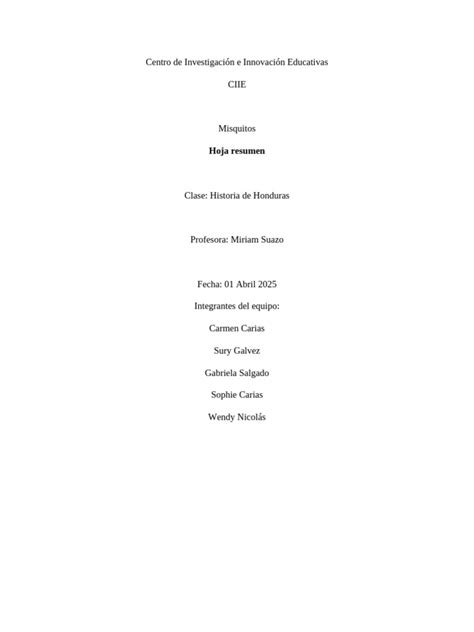 Resumen De La Hoja Resumen De Los Misquitos Pdf Honduras