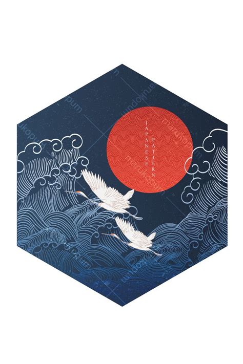 Japanese Background With Hand Drawn Wave Elements In Geometric Shape Vector Red Sun And Moon