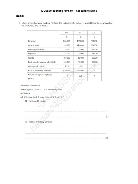 Igcse Accounting Revision Accounting Ratios Pdf
