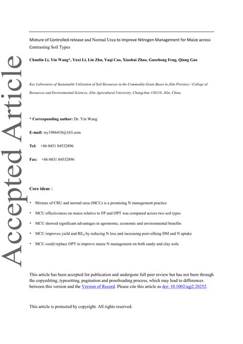 Pdf Mixture Of Controlled‐release And Normal Urea To Improve Nitrogen
