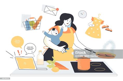 우는 아기와 함께 바쁜 엄마를 멀티태스킹의 혼돈과 스트레스 어머니에 대한 스톡 벡터 아트 및 기타 이미지 어머니 부모 멀티 태스킹 Istock