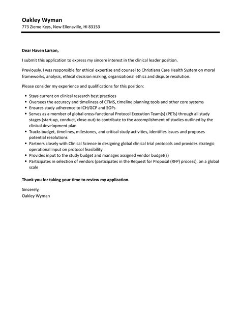 Clinical Leader Cover Letter Velvet Jobs