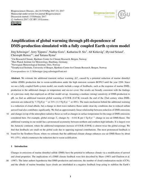 Pdf Amplification Of Global Warming Through Ph Dependence Of Dms Production Simulated With A