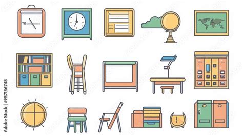 Classroom Essentials Thin Line Icon Set Containing Chalkboard Desk Chair Whiteboard