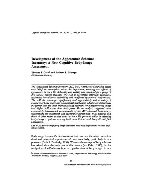 Development Of The Appearance Schemas Inventory A New Cognitive Body Image Assessment