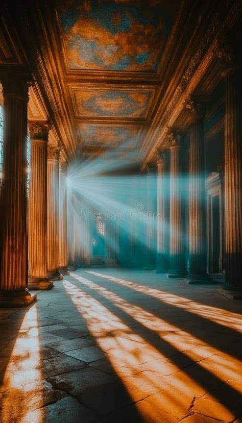 Sunbeams Lighting Ancient Temple Interior Grand Hall With Columns
