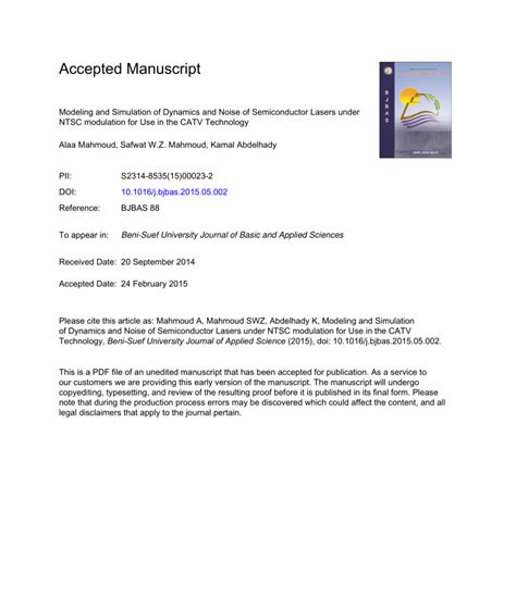 Pdf Modeling And Simulation Of Dynamics And Noise Of Semiconductor Lasers Under Ntsc