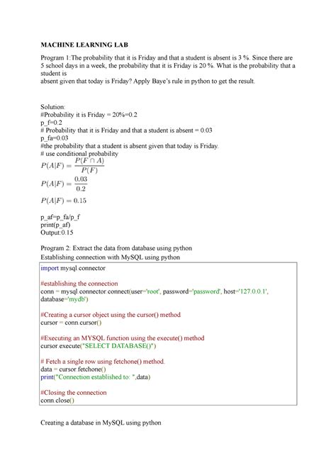 Machnie Learning Lab Experiments With Solutions MACHINE LEARNING LAB Program The Probability