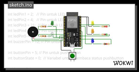 LAMPU 5 Pushbutton Led 3 Trus Buzzer Wokwi ESP32 STM32 Arduino Simulator