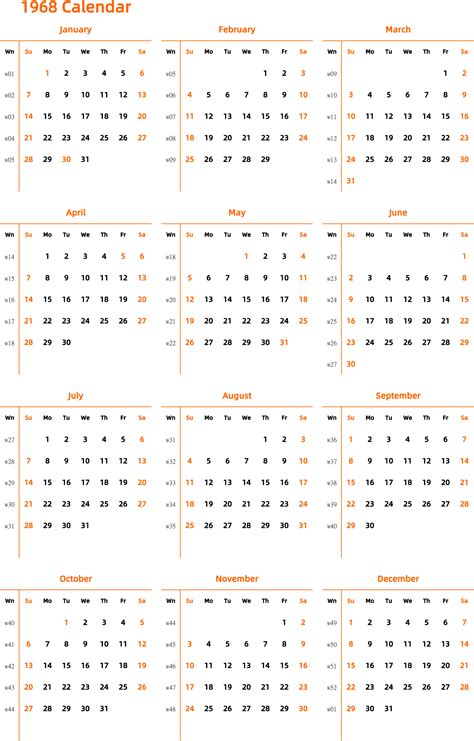 日历表1968年日历 英文版 纵向排版 周日开始 带周数 带节假日调休安排 模板[df004] 日历精灵