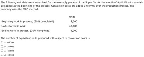 solved the following unit data were assembled for the
