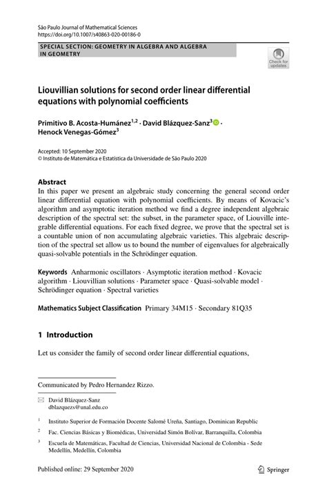 Pdf Liouvillian Solutions For Second Order Linear Differential