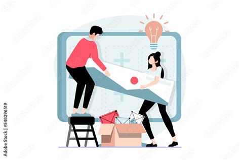 UI And UX Design Concept With People Scene In Flat Style Man And Woman Generate New Ideas And