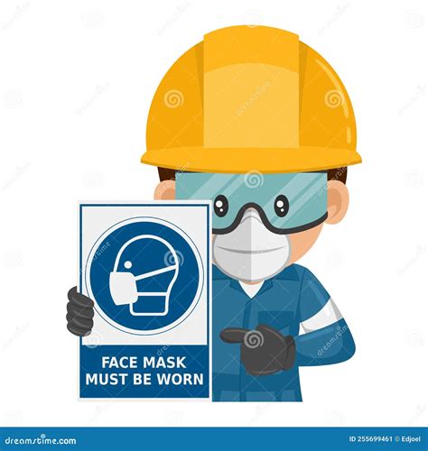 Industrial Worker With A Warning Sign For The Mandatory Use Of A Face