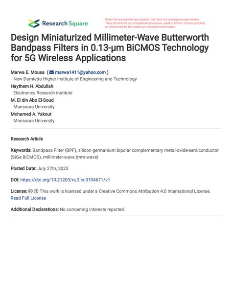 Pdf Design Miniaturized Millimeter Wave Butterworth Bandpass Filters In 013 µm Bicmos