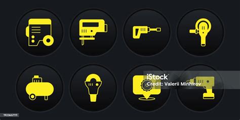 공기 압축기 앵글 그라인더 원형 톱날 로터리 해머 드릴 머신 전기 퍼즐 무선 드라이버 및 전력 발전기 아이콘을 설정합니다 벡터 Rotary International에 대한