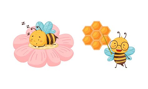 귀여운 행복한 재미있는 꿀벌 세트 꿀벌이 포인터로 가르치고 분홍색 꽃 만화 벡터 일러스트 레이 션 안에서 자고 있습니다 감정에 대한 스톡 벡터 아트 및 기타 이미지 Istock