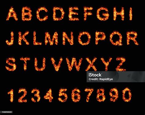 Jenis Pembakaran Alfabet Lengkap Huruf Dan Angka Dalam Api Dan Api Foto Stok Unduh Gambar