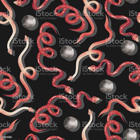 수채화 신비로운 마녀 배경 뱀과 보름달 벡터 원활한 패턴 그래픽 프린트에 대한 스톡 벡터 아트 및 기타 이미지 그래픽 프린트 달 하늘 독성 물질 Istock