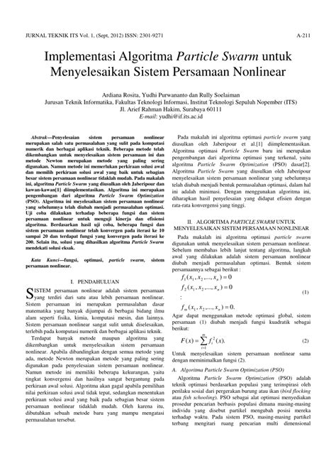 Pdf Implementasi Algoritma Particle Swarm Untuk Menyelesaikan Sistem Persamaan Nonlinear