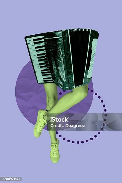 트렌드 삽화 스케치 디자인 몽타주 3d 콜라주 음악 악기 코드 플레이 재능있는 아코디언 여자 다리 스탠드 모델 포즈 착용 신발 0명에 대한 스톡 사진 및 기타 이미지