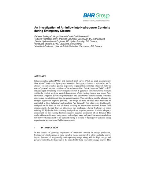 Pdf An Investigation Of Air Inflow Into Hydropower Conduits During