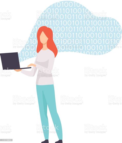 Female Programmer Character Coding On Laptop Computer Vector Illustration Stock Illustration