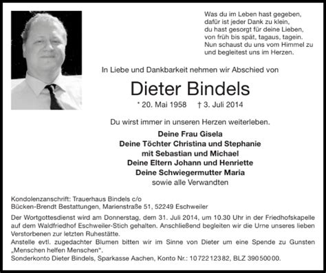 Traueranzeigen Von Dieter Bindels Aachen Gedenkt