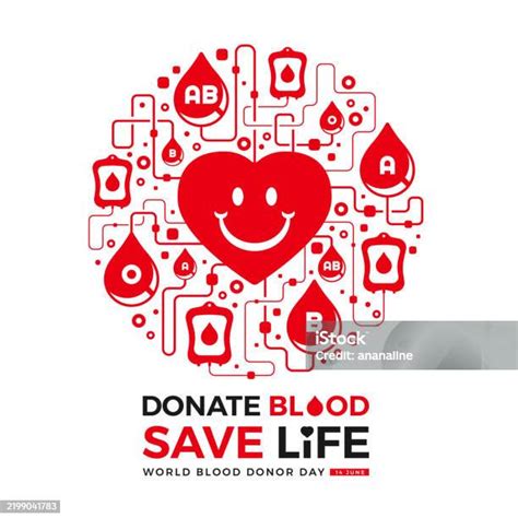 세계 헌혈자의 날 혈액 주머니와 Drob 유형 혈액 연결 선과 함께 빨간 미소 심장 원 모양 벡터 디자인에 링크 14에 대한 스톡 벡터 아트 및 기타 이미지 Istock