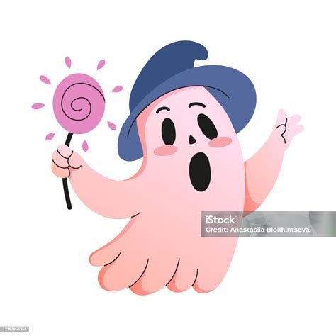 롤리팝과 함께 마녀 모자를 쓴 귀여운 유령 만화 폴터가이스트 재미 있는 죽음 얼굴 할로윈 캐릭터 10월에 대한 스톡 벡터 아트 및 기타 이미지 Istock