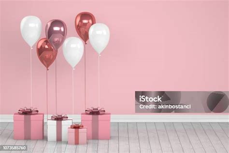 빈 방에 반짝 핑크와 화이트 컬러 풍선 크리스마스 발렌타인의 날 생일 개념입니다 생일에 대한 스톡 사진 및 기타 이미지 생일 사진 이미지 파티 Istock