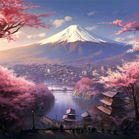 Аниме арт сакуры гора Фудзияма город Токио обои эстетика