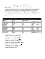 Lab Assignment Metric Conversions Docx Lab Assignment Metric Conversions