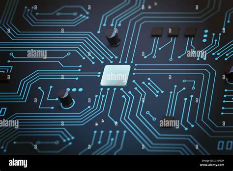 Chip On Circuit Board Surroounded By Capacitors And Mosfets Technology Digital Concept Stock