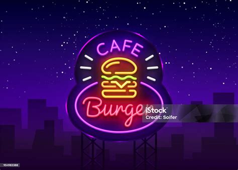 버거 카페 네온 간판입니다 패스트 푸드 햄버거 샌드위치 네온 스타일 로고 밝은 배너 디자인 서식 파일 밤 네온 레스토랑 카페 레스토랑 스낵 바 길거리 음식에 대 한 광고