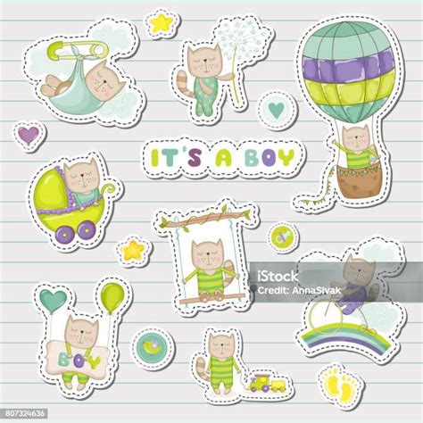 베이비 샤워 파티 축 하에 대 한 아기 소년 스티커입니다 신생아 축 하를 위한 장식적인 요소입니다 벡터 일러스트 레이 션 귀여운에 대한 스톡 벡터 아트 및 기타 이미지