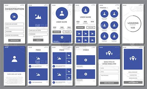 一套ui Ux Gui屏幕社交网络应用平面设计模板为移动应用库存插图素材 花瓣网