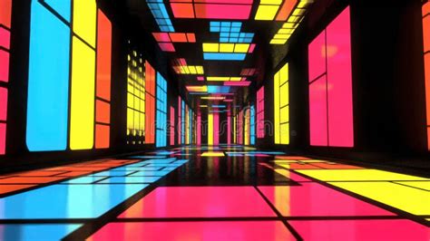A Vibrant Corridor With Colorful Illuminated Panels Creating A Dynamic Visual Effect Stock