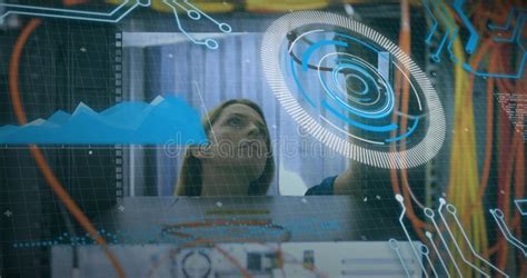 Image Of Data Processing Over Caucasian Female Engineer Connecting Wires Stock Photo Image Of