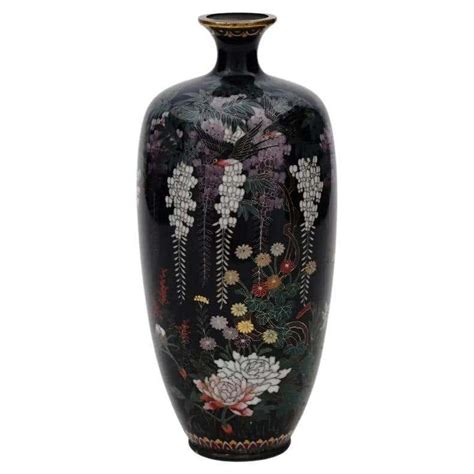 Large Pair Of Meiji Japanese Cloisonne Enamel Vase Of Birds In A Garden